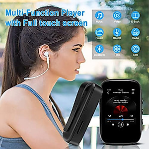 32GB Mp3 Player with Bluetooth Sports Clip-on Music Player for Running Walking Support Full-Touch Screen FM Radio Line-in Voice Record TF Card Up to 128GB-Black