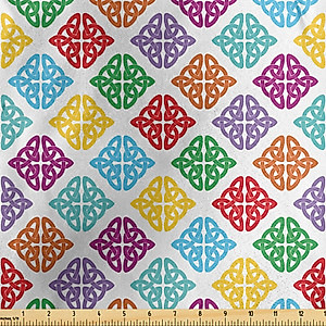 Lunarable Celtic Knot Fabric by The Yard, Colorful Antique European Ornate Design Mythological with Curved Lines, Decorative Satin Fabric for Home Textiles and Crafts, Multicolor