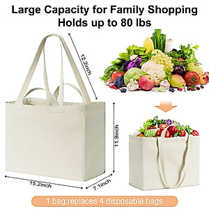 HQCUPB 4 Pack Canvas Tote Bag Reusable Grocery Bags Shopping Bags for Groceries Foldable Heavy Duty Washable Canvas Bag with Handles (4 Pack, Natural Color)