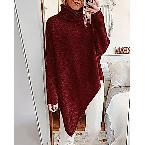 BTFBM Women Long Sleeve Turtleneck Knit Sweater Oversized Fall Winter Sweaters Casual Pullover Jumper Tops(Solid Wine Red, Large)