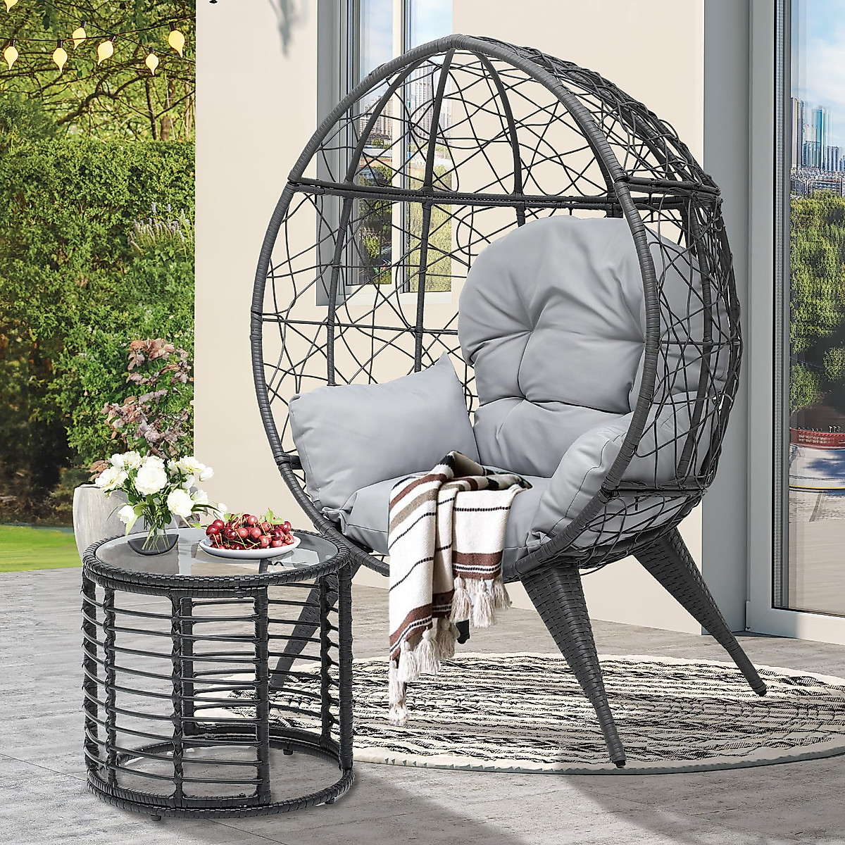 YITAHOME Egg Chair with Table Outdoor Egg Lounge Chair with Cushion Wicker Chair PE Rattan Chair Table Included for Patio, Garden, Backyard, Porch, Gray