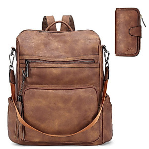 CLUCI Backpack Purse for Women Fashion Leather Designer Travel Large Ladies Shoulder Bags with Tassel Two-toned Brown Wallet for Women Leather Designer Bifold Long Ladies Credit Card Brown