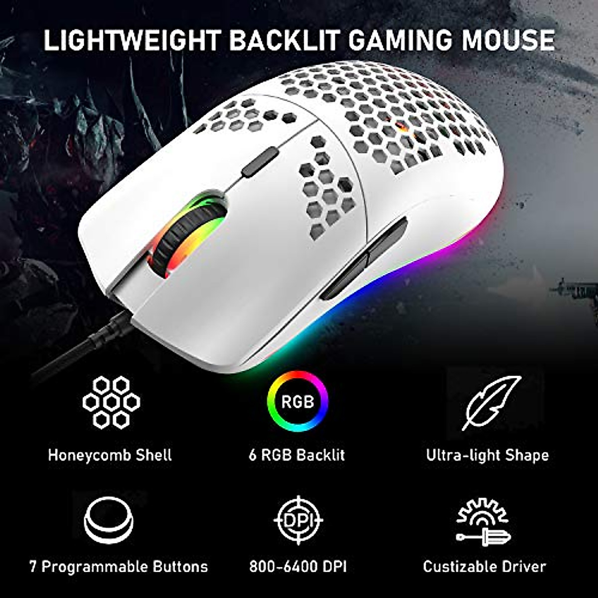 Gaming Keyboard and Mouse,3 in 1 White LED Backlit Wired Mechanical Keyboard Red Switch,RGB 6400 DPI Lightweight Gaming Mouse with Honeycomb Shell,Gaming Mouse Pad for PC Gamers(White)