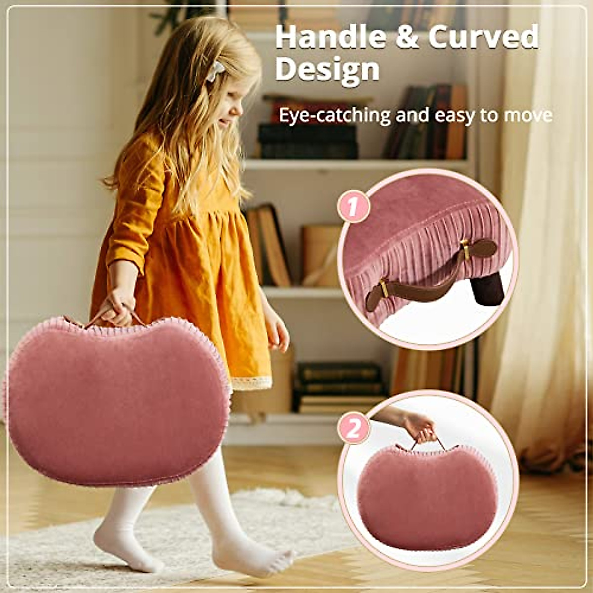 Small Curved Foot Stool with Handle, Pink Velvet Footstool and Ottomans, Modern Foot Rest with Wooden Legs, Step Stool with Padded Seat for Couch, Living Room