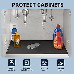 Under Sink Mat,PRETIRENO 34" x 22" Silicone Under Sink Liner for Kitchen & Bathroom Sink Base Cabinets,Under Sink Drip Tray with Lip, Black