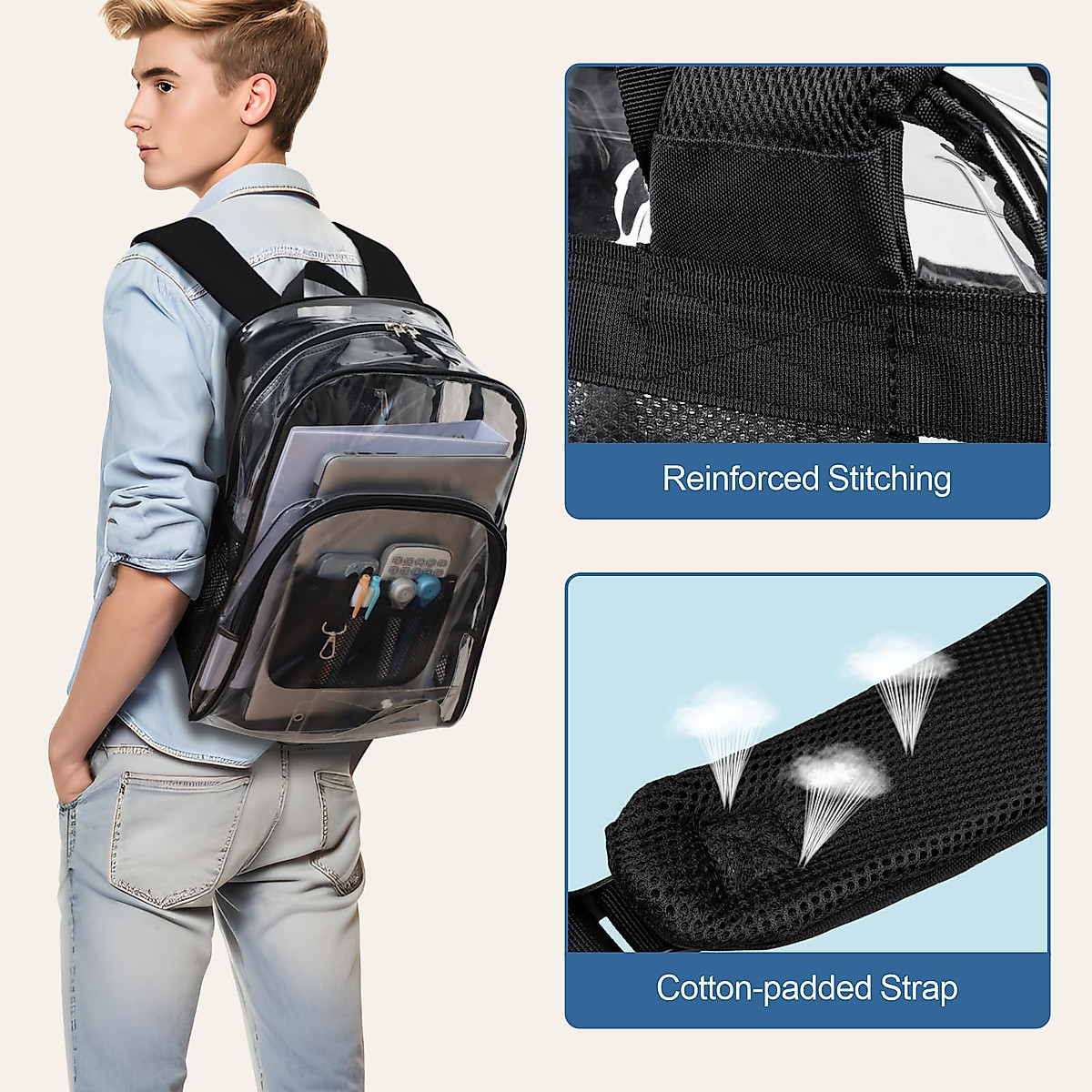 Cambond Clear Backpack, Heavy Duty Transparent Backpacks for Adults Reinforced Straps See-Through Bag for School and Work（Black）