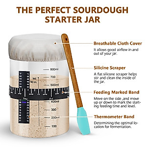 Quald Sourdough Starter Jar Kit, 35 Oz Sourdough Starter Jar With With Date Marked Feeding Band, Thermometer, Cloth Cover and Wood Lid.
