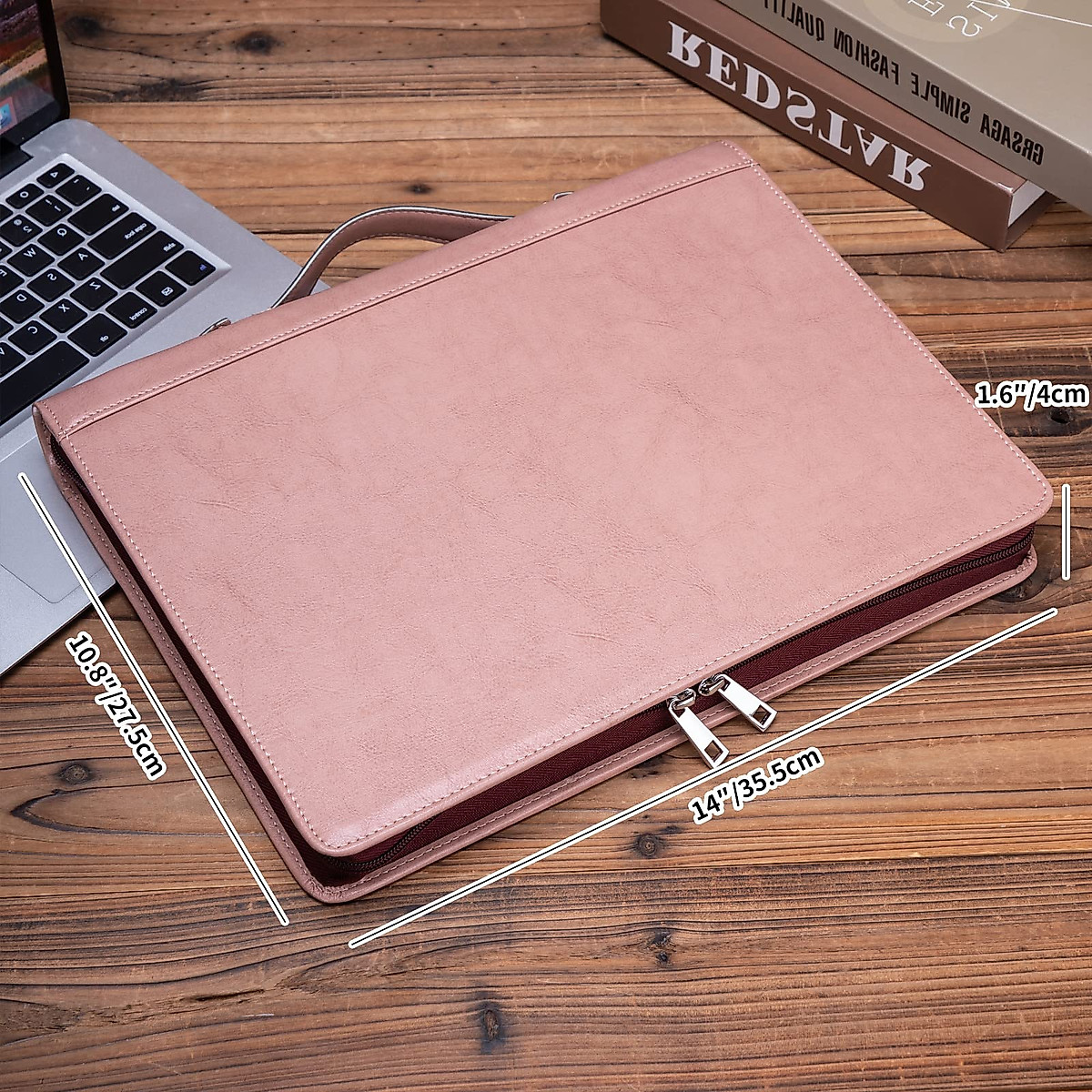 Geslun Vegan Leather Portfolio 3 Ring Binder with Clipboard, Hidden Handle, 8.5 x 11 Zippered Padfolio, Business Organizer Professional Executive Folio for Women, Pink