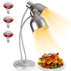 Food Heat Lamp: [Rapid-Heating Bulbs Included] [Steady Heating] Commercial Food Warmer Lamp, Electric Heat Lamp for Food Catering Food Warming Lamp for Buffet Parties (Painted Silver, 32" H 2-Head)