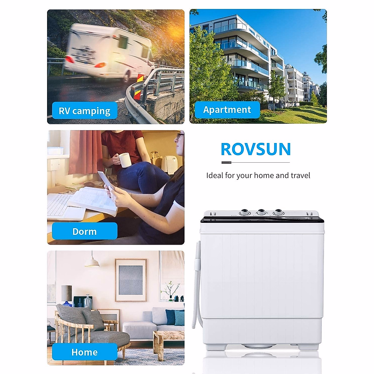 ROVSUN 26lbs Compact Twin Tub Portable Washing Machine, Mini Washer(18lbs) & Spiner(8lbs) / Built-in Drain Pump/Semi-Automatic for Camping, Apartments, Dorms & RV’s (Black)