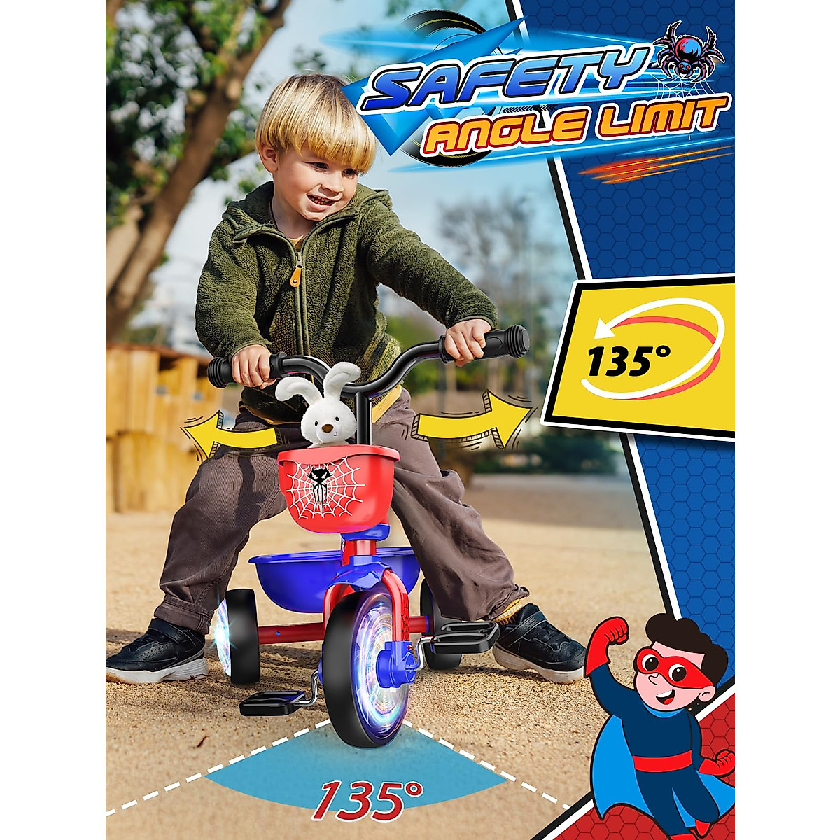 Tricycle for Toddlers 1-3 3-5 Year Olds, Spidern Toddler Bike Baby Balance Bike with Colorful Lighting Wheels & Large Basket, Birthday Gift and Toy for 1 2 3 4 5 Year Olds Boys and Girls