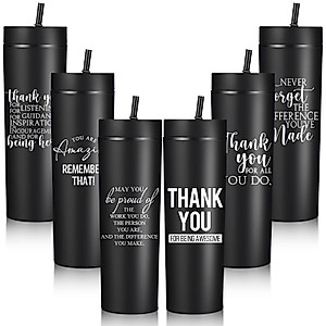 Rtteri 6 Pcs Employee Appreciation Gifts Bulk Thank You Tumblers Gifts for Women 16oz Inspirational Plastic Skinny Tumblers with Lids for Women Men Secretaries Teacher Coworker(Black, Motivational)