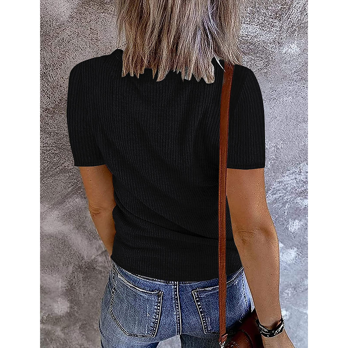 MEROKEETY Women's Short Sleeve V Neck Ribbed Knit Button T Shirts Henley Solid Color Summer Tops, Black, L