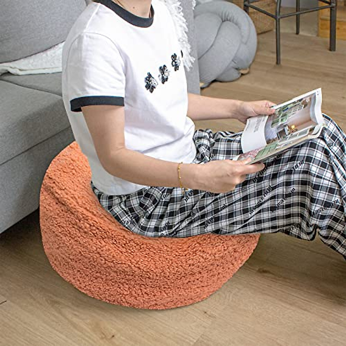 GLAXYFUR Unstuffed Ottoman Pouf Cover,Sherpa Fleece Faux Fur Foot Stool, 20x12 Inches Storage Solution, Floor Bean Bag (No Filler),Foot Rest for Living Room, Bedroom, Cover ONLY Pink