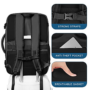 Large Travel Backpack, Carry On Backpack for Airplanes, 17 inch Laptop Backpack for Men, 45L Expandable Waterproof Backpack, Traveling Computer Backpack with USB Port, Teacher Travel Bag, Black