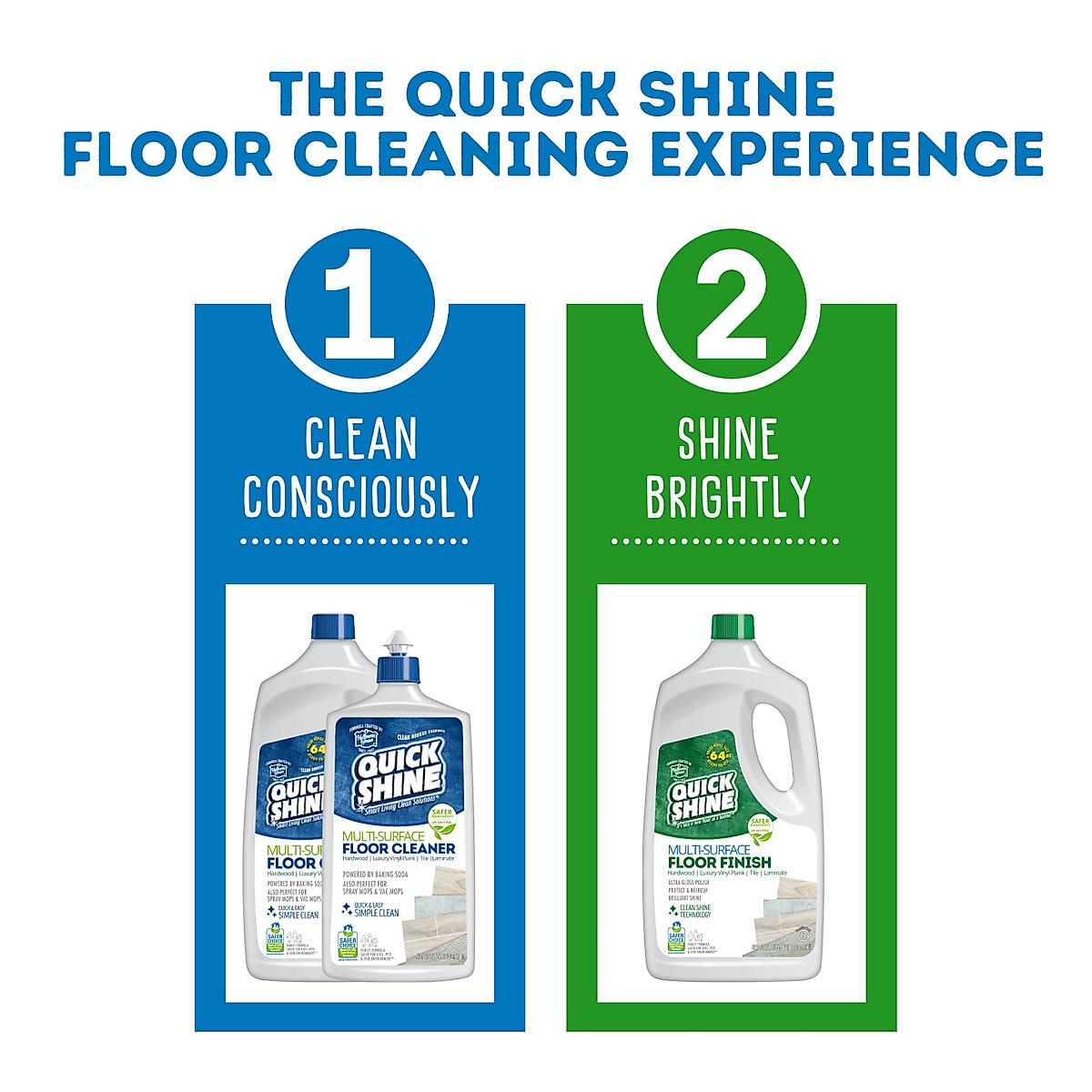 Quick Shine Multi Surface Floor Finish 64oz | Cleaner & Polish to use on Hardwood, Laminate, Luxury Vinyl Plank LVT, Tile & Stone | Safer Choice w/Clean Shine Technology | Protect-Refresh