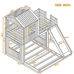 Harper & Bright Designs House Bunk Beds with Slide, Wood Twin Over Full Bunk Beds with Roof and Guard Rail for Kids, Toddlers, No Box Spring Needed (Antique Gray, Twin Loft Bed with Slide)