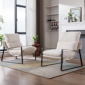 Ya-Home Mid-Century Accent Chair, Comfy Sherpa Fabric Side Chair with Armrest, Upholstered Leisure Chair with Black Metal Frame for Living Room Bedroom Reception Room, White