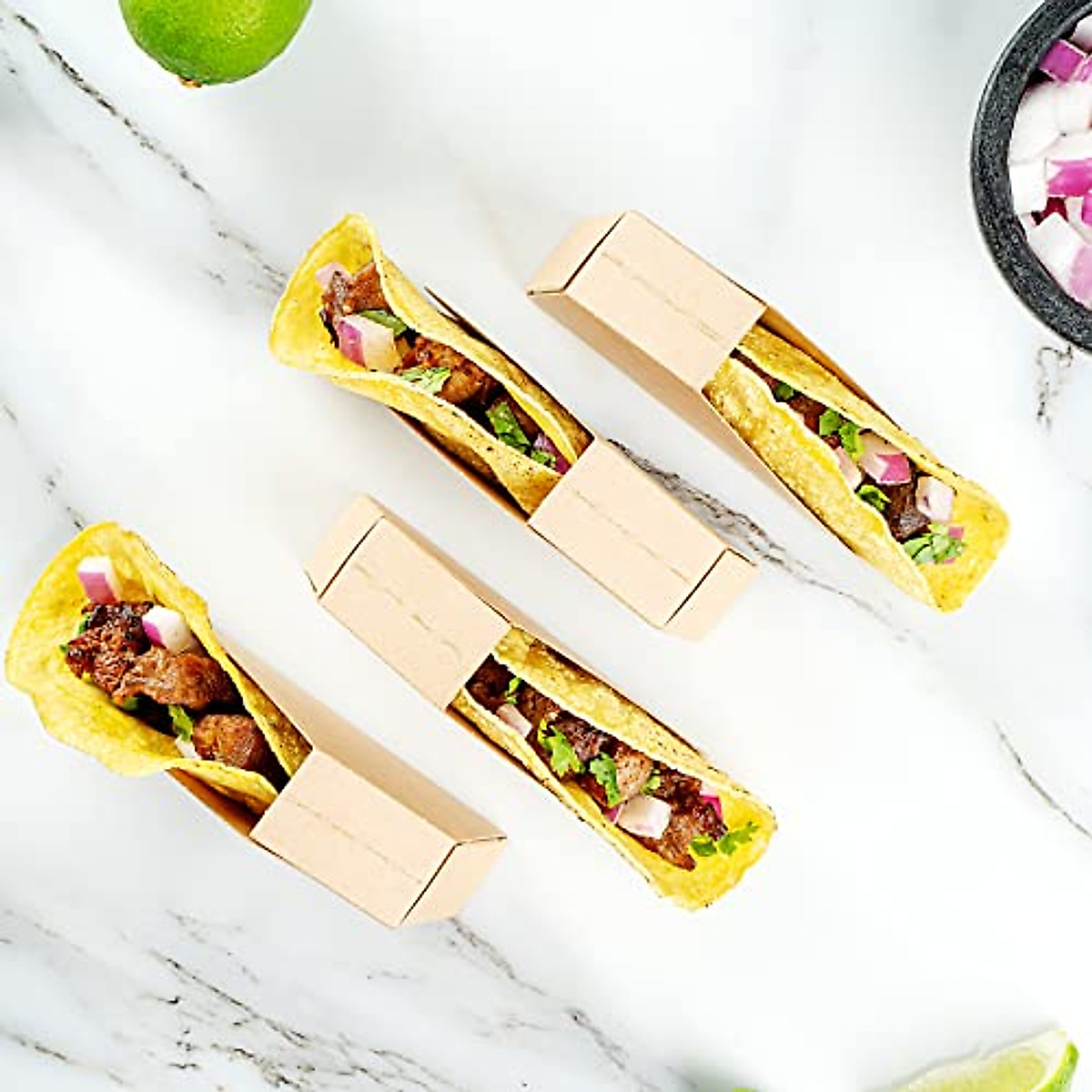 Restaurantware Bio Tek Kraft Paper Small Taco Holder - Greaseproof - 4" x 1 1/4" x 2 1/4" - 200 count box