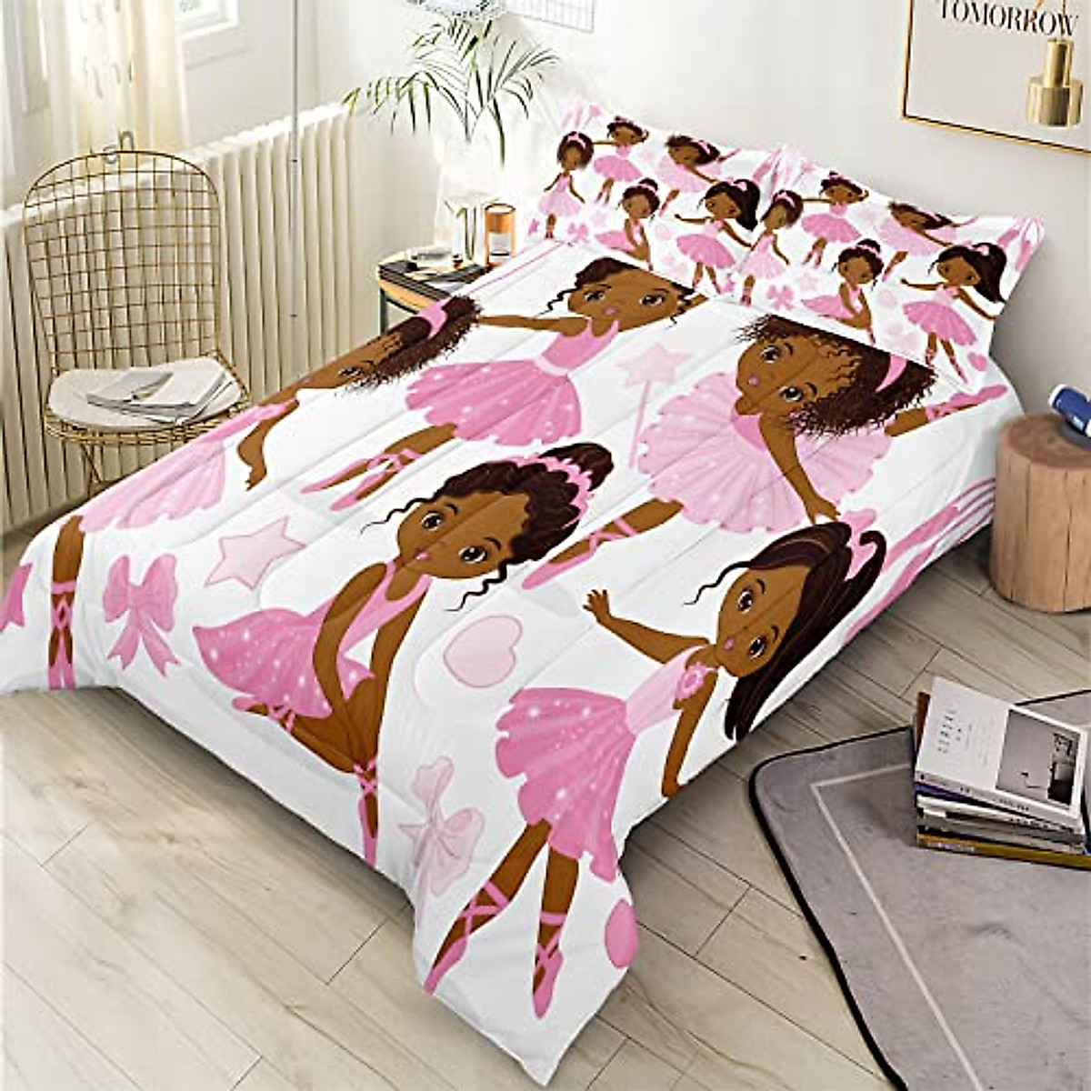 SIRDO Twin Bedding Sets for Girls, African American Magic Comforter Set with Ballet Dancer, Pink Bed Set for Toddler Kids Teens, Little Girls Bedroom Decor