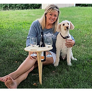 Outdoor Wine Table-Outdoor Wooden Folding Wine Table-Wine Glass Rack Bottle and Glass Holder Round Desktop Foldable Bamboo Snack Table for Outdoors,Garden,Party,Travel, Beach