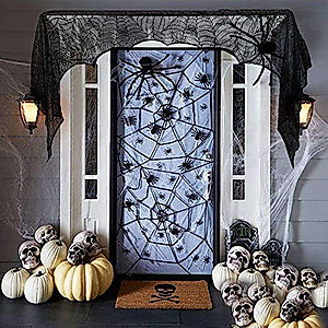 3AB Halloween Fireplace Decoration, Black Lace Spiderweb Fireplace Mantle Scarf, 18 x 96 inch Cobweb Fireplace Scarf for Halloween Party Decorations