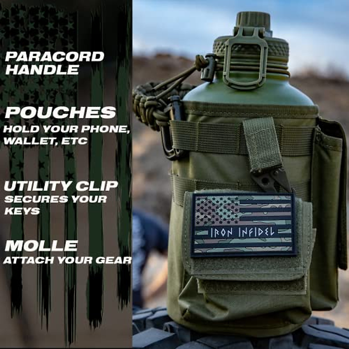 Iron Infidel Battle Bottle - Half Gallon Insulated Water Bottle with Paracord Handle, Large 64 oz Stainless Steel Water Jug with Rugged, Removable Sleeve for Keys, Wallet, & Phone (Live Free 2 Liter)