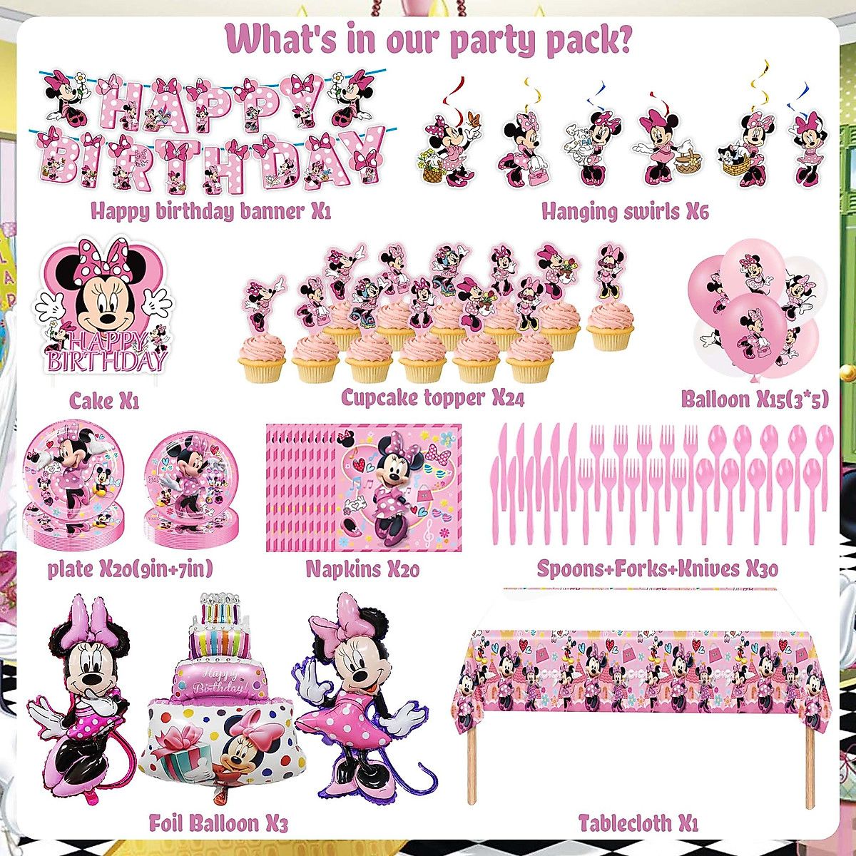 Pink Mouse Party Supplies, Pink Mouse Birthday Party Decorations Include Banner, Hanging Swirls, Cake Foil Balloons, Latex Balloons, Cake Toppers, Tableware, Tablecloth