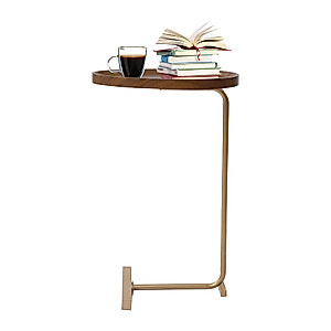 C-Shaped End Table, Small Side End Table for Sofa, Snack Drink TV Tray, Couch Table for Living Room Bedroom, Bedside, Modern Simplicity, Metal and Wood