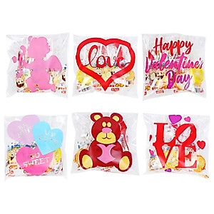 JOYIN 150 Pcs Valentine Cellophane Gift Bags Square Cellophane Candy Bags Valentine Goodies Bags in 6 Designs for Kids Valentine's Day Party Favor Supplies