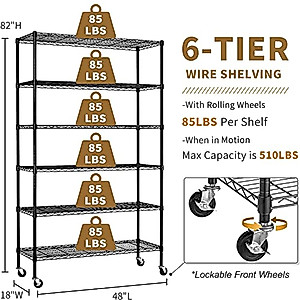 YYkokocat 6-Tier Wire Shelving Unit 2100Lb Capacity Adjustable Storage Shelves Heavy Duty Storage Rack with Wheels NSF Metal Shelf for Closet Kitchen Garage Basement, 82" H x 48" L x 18" D- Black