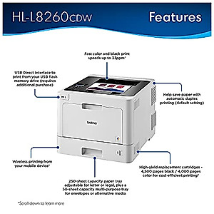 Brother HL-L8260CDW Business Color Laser Printer, Flexible Wireless Networking, Mobile Printing, Speed Up to 33ppm, Automatic Duplex Printing, 2400 x 600 dpi, 250-sheet Capacity, Ethernet, White