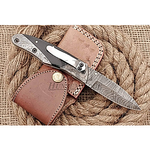 HUNTEX Custom Handmade Hand-Forged Twist Pattern Damascus Steel 4 Inch Long Natural Walnut Wood Handle Razor Sharp Hunting Folding Pocket Spear Knife with Pocket Clip & Genuine Leather Pouch