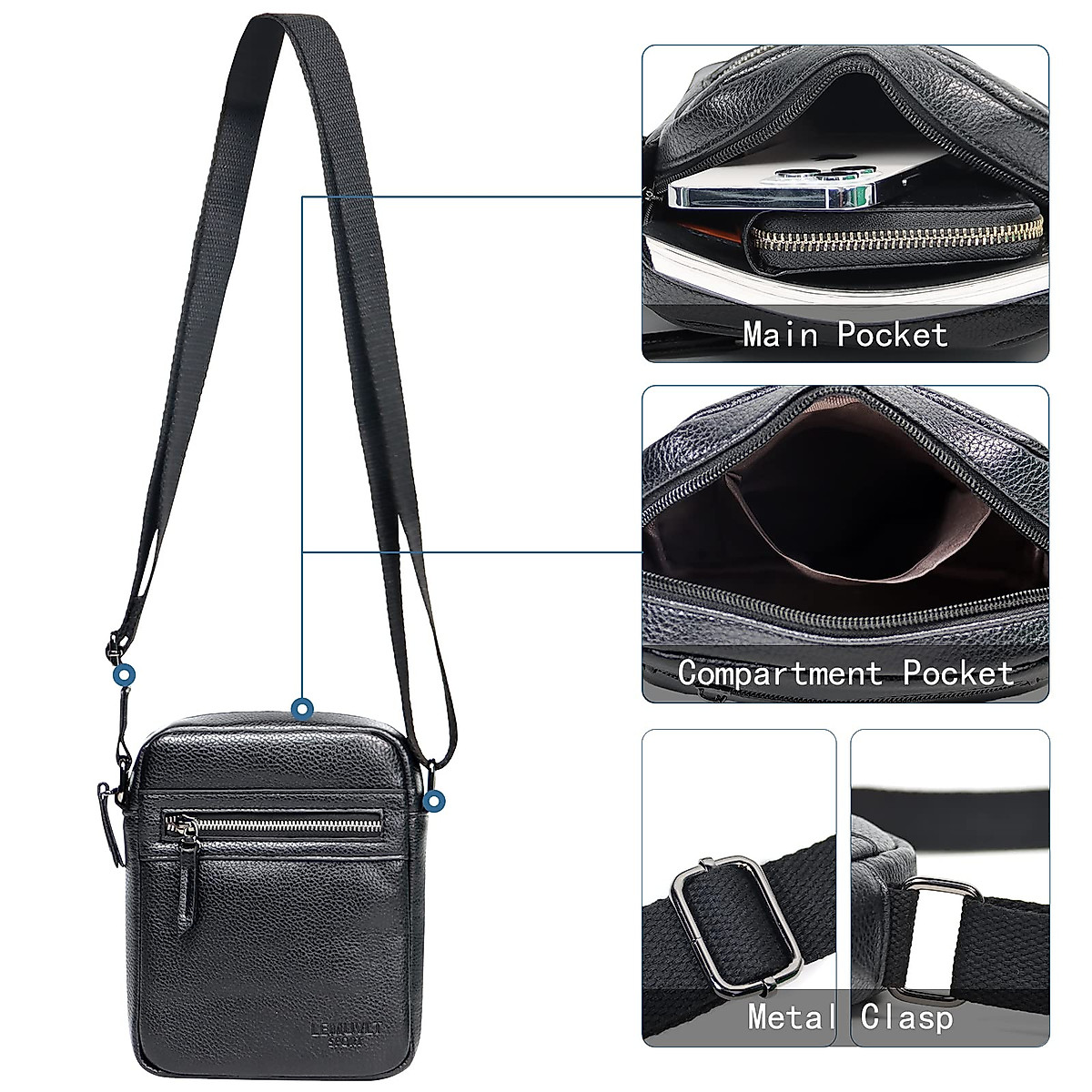 Lemuvlt Crossbody bag for men shoulder bag mens purse satchel leather messenger bag gift man M（Black）…