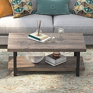 charaHOME Coffee Table Rustic Vintage Industrial Design Sturdy Metal Frame Legs Sofa Table Cocktail Table with Storage Bottom Open Shelf for Living Room, Easy Assembly, 42"x 22", Gray Brown