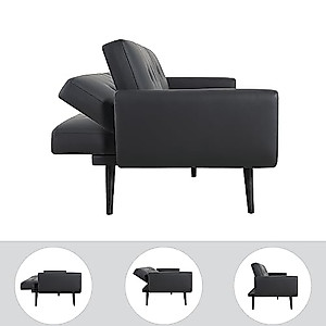 Naomi Home Monica Leather Futon Sofa, Convertible Couch Bed, Split Back Premium Faux Leather Sleeper Couch Sofa for Living Room, Mid Century Modern Fold Out Couch Bed with Tapered Legs Black
