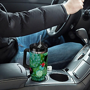 Yasala Car Tumbler with Handle Green Cactus Watercolor Travel Mug Coffee Cup Insulated Beverage Container Mega Cup for Hot Cold Drinking Thermos Water Bottle Cupholder Friendly 40 oz