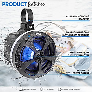 Pyle 2-Way Waterproof Off Road Speakers - 5.25" 1000W Active Passive Marine Grade Wakeboard Tower Speakers System w/ RGB Light, Full Range Outdoor Stereo Speaker for ATV/UTV Jeep Boat - PLUTV55BTR