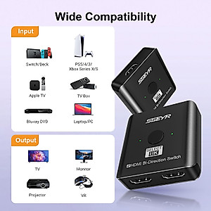 SGEYR HDMI Switch, 8K HDMI Switcher 2 in 1 Out,HDMI 2.1 Switch Selector,Aluminum HDMI 2.1 Splitter Bi-Directional Ultra HD, Support 8K@60Hz,48Gbps, Compatible with PS5/4,Xbox,Roku
