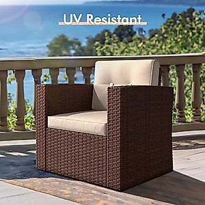 Super Patio PE Wicker Outdoor Sofa, Rattan Patio Chair, Single Armchair with Beige Cushion, Additional Seat for Outdoor Furniture Set, Sectional Sofa, Porch, Garden, Backyard, Espresso Brown