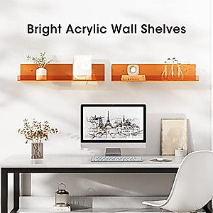 RRG 15 Inch Acrylic Floating Shelves, 2 Pack Kids Floating Bookshelf Wall Mounted Display Shelf for Books, Kids Room, Nursery, Bedroom, Bathroom, Living Room (Orange)