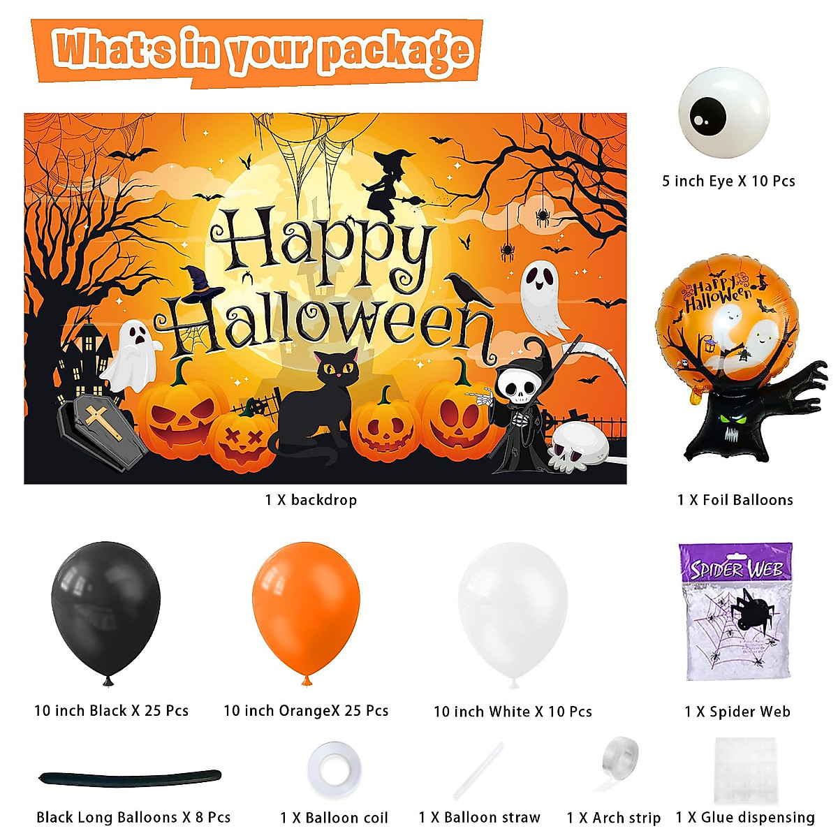 KORHONEN Halloween Balloon Garland Arch Kit, Halloween Birthday Party Decorations Includes Halloween Orange Black Confetti Balloons Halloween Foil Balloon Happy Halloween Banner Indoor Outdoor