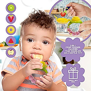 Baby Feeding Gift Set 8PC: Silicone Bib, Masher and Bowl, Spoon and Fork Set, Fruit Feeder with Rattle, Finger Toothbrush and Food Scissors by Bebe N Belle (Yellow)