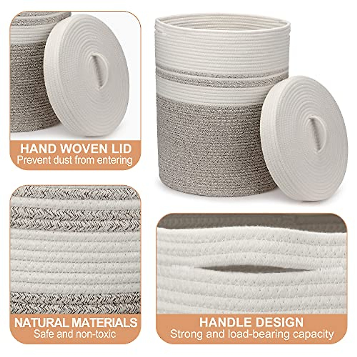 Goodheim Laundry Hamper with Lid, Large Woven Laundry Basket，Blanket and Toy Storage Basket for Living Room, Bedroom, Bathroom, Nursery（Brown and White，55L）