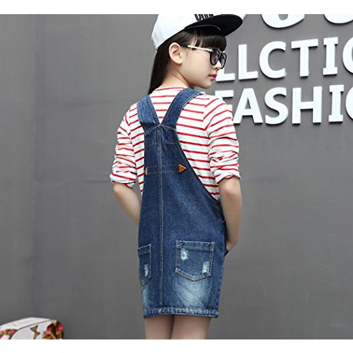 KIDSCOOL SPACE Girls Bibs Pocket Adjustable Straps Casual Jean Overall Dress,Blue,6-7 Years