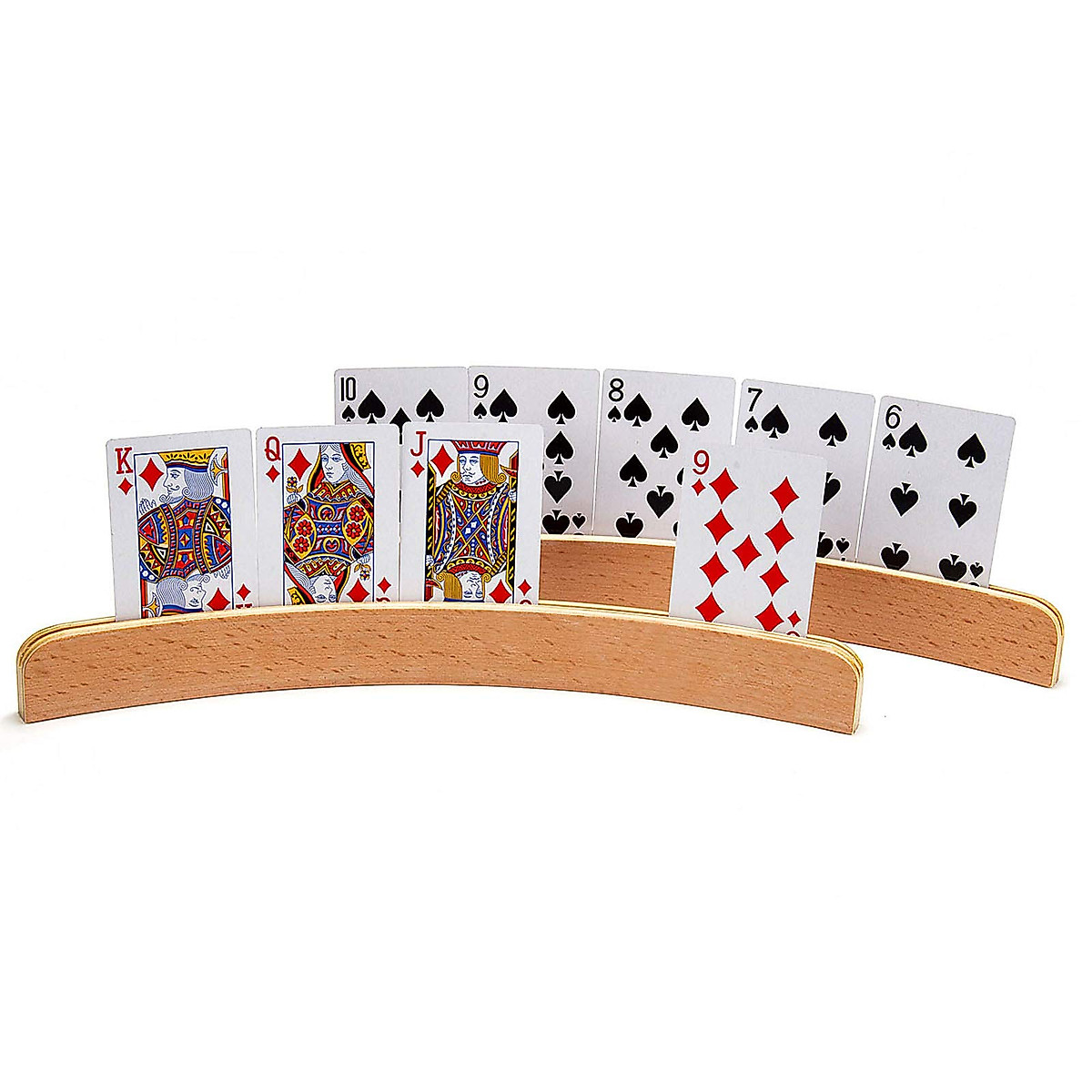 AMEROUS Wooden Playing Card Holders for Kids Seniors Adults, Long Enough Curved Wood Tray Rack Organizer for Card Game (Set of 4)
