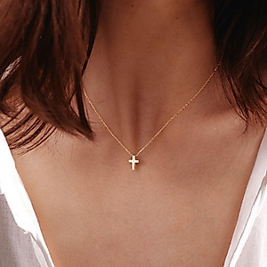 HANLI Cross Necklace for Women, 14k Gold/Silver Plated Dainty Simple Tiny Cross Necklace