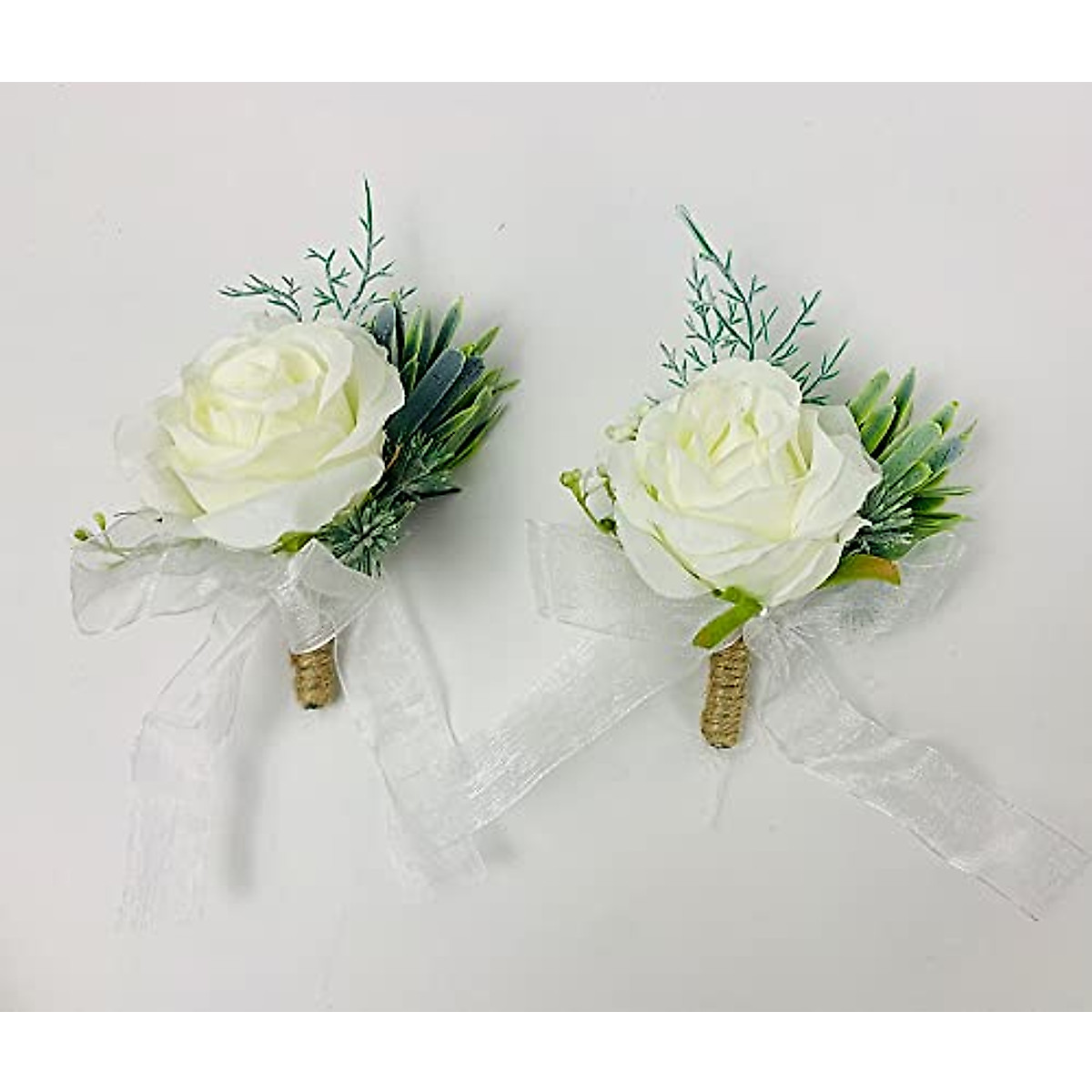 Set of 2 Rose Boutonnieres and Rose Wrist Corsage Men Boutonniere Set Woman White Rose Wrist Corsage Wristlet Band Bracelet for Wedding Suit Decorations (Boutonnieres)
