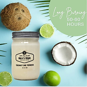 Nika's Home Coconut Lime Verbena Soy Candle - 12oz Mason Jar - Non-Toxic Soy Candle-Hand Poured Candle- Handmade, Long Burning Candle-Highly Scented Candle-All Natural, Clean Burning Candle