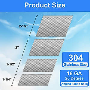 SimCos 16 Gauge Angled Finish Nails 304 Stainless Steel,(1-1/4", 1-1/2", 2", 2-1/2"), 20-Degree,Assorted Size Project Pack for Pneumatic, Electric Finish Nailer or Nail Gun (Assembly 1000)